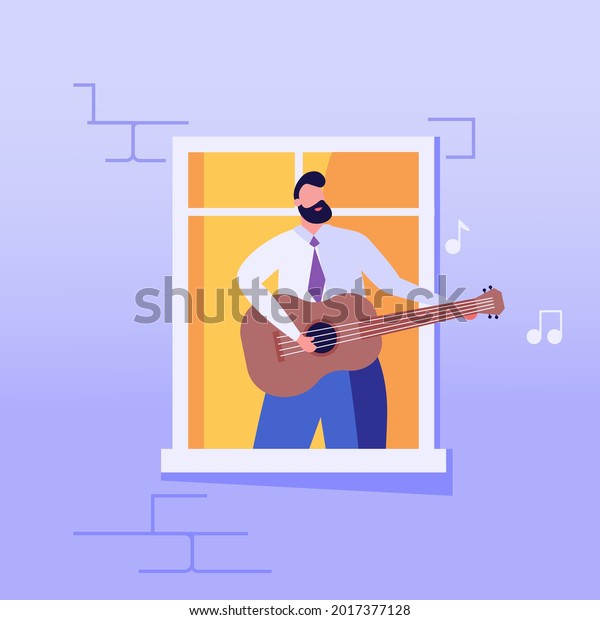 Man Stands By Window Guitar Sings Stock Vector (Royalty Free ...