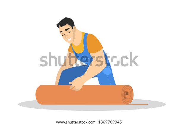 Man Uniform Laying Carpet On Floor Stock Vector (Royalty Free) 1369709945