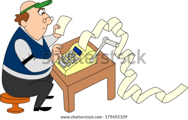 Man wearing green visor running adding machine and piling up