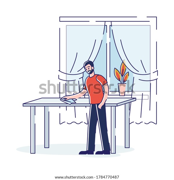 Man Wiping Dust Table On Kitchen Stock Vector (Royalty Free) 1784770487 ...