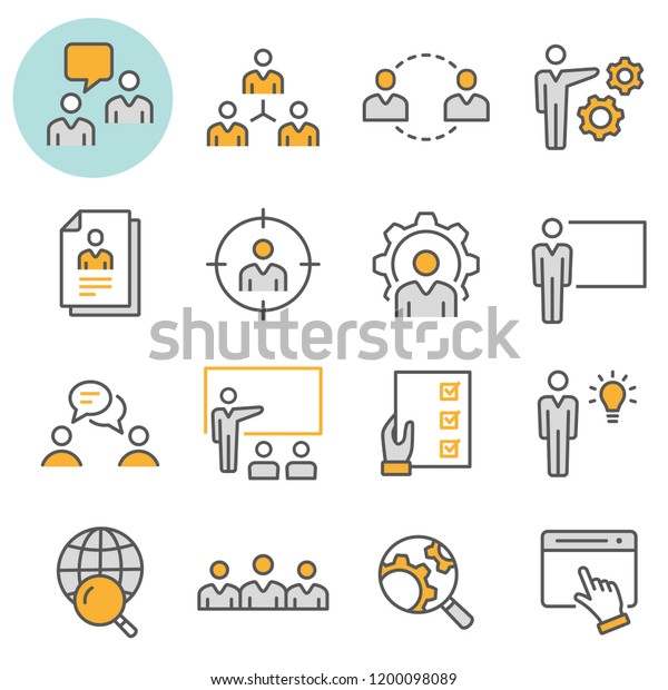 Management consulting flat line icons. Set of consult, team, meeting ...