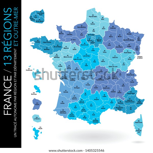 Map 13 French Regions 5 Overseas Stock Vector (Royalty Free) 1405325546