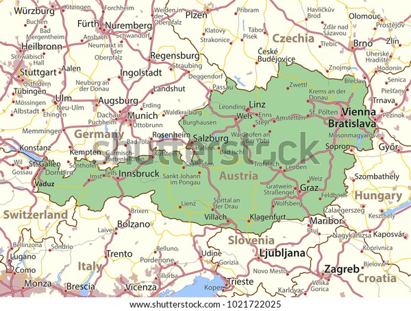 Map Austria Shows Country Borders Urban Stock Vector (Royalty Free ...