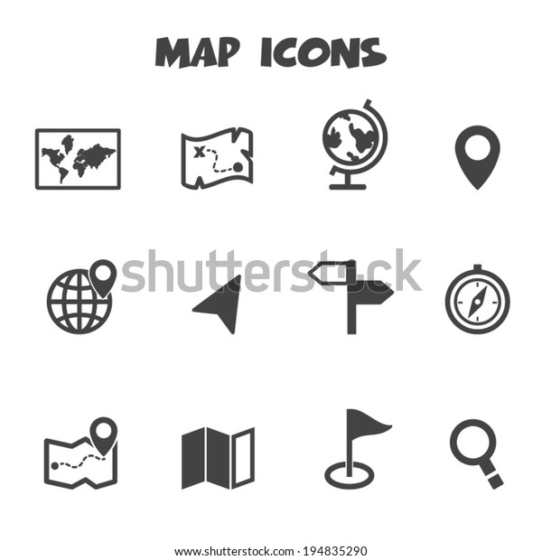 ícones de mapa, símbolos vetoriais mono