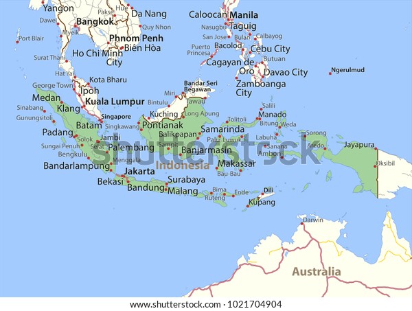 Map of Indonesia. Shows country borders, place names and roads. Labels ...