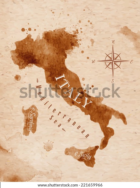 Mapa da Itália em estilo antigo, gráficos marrons em um estilo retro