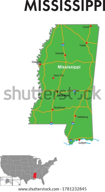 Map Mississippi Map Depicts State Capitals 库存矢量图（免版税）1781232845 ...