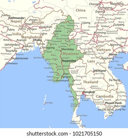 Map Myanmar Shows Country Borders Place Stock Vector (Royalty Free ...