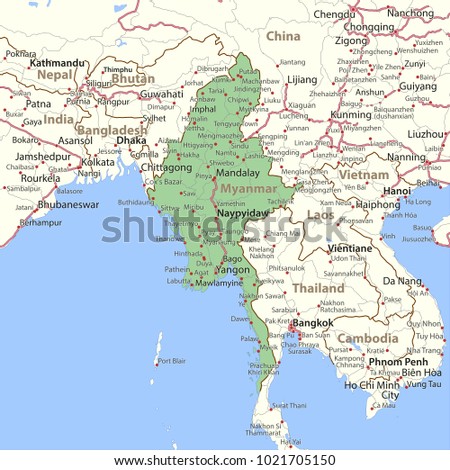 Map Myanmar Shows Country Borders Place Stock Vector (Royalty Free ...