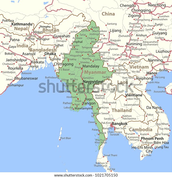 Map Myanmar Shows Country Borders Place Stock Vector (Royalty Free ...