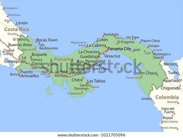 Map of Panama. Shows country borders, urban areas, place names and ...