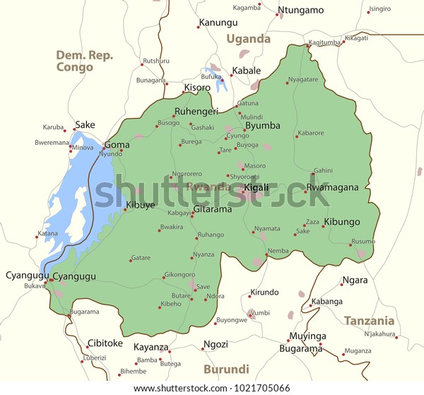Map Rwanda Shows Country Borders Urban Stock Vector (Royalty Free ...