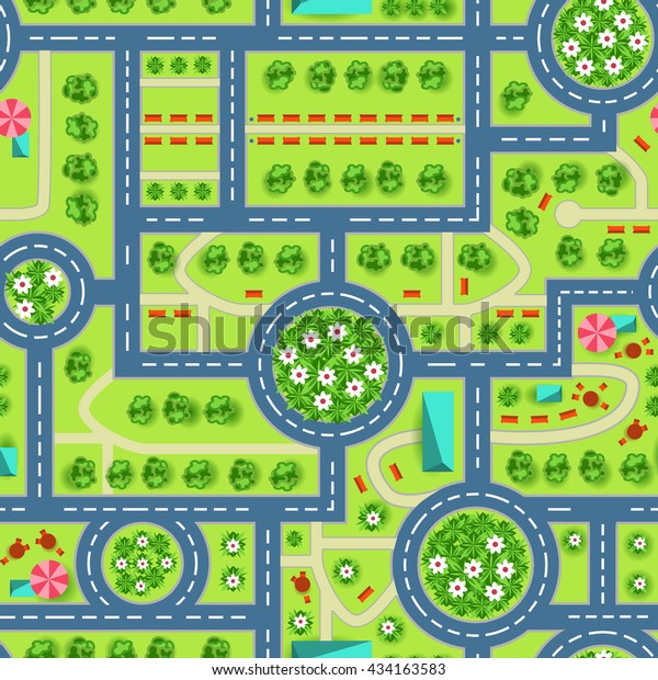 Map of a top view from the city. Road and trees seamless pattern for ...