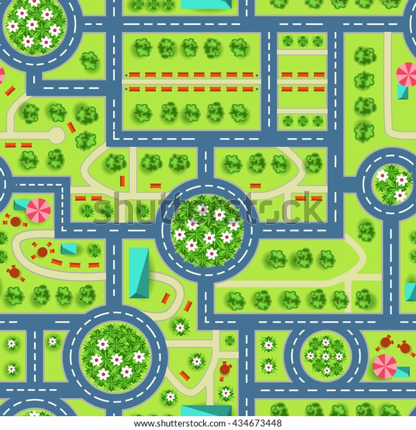 Map of a top view from the city. Road and trees seamless pattern for ...