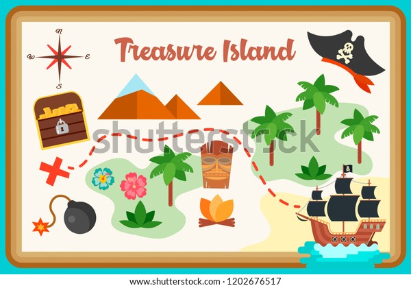 Map Treasure Island Flat Design Pirate Stock Vector (Royalty Free ...