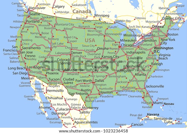 Map Usa Shows Country Borders Place Stock Vector (Royalty Free) 1023236458