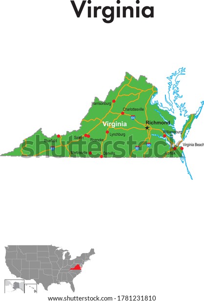Map Virginia Map Depicts State Capitals Stock Vector (Royalty Free ...
