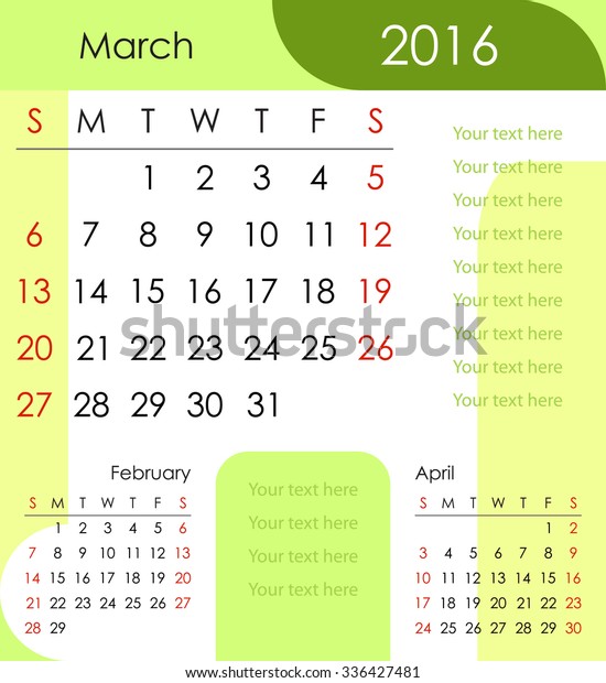 March 2016 Calendar Week Starts Sunday Stock Vector (Royalty Free ...
