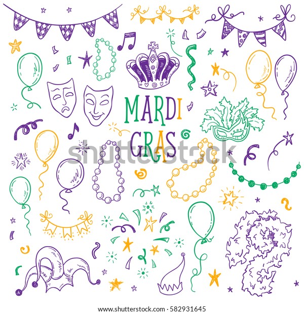 Mardi Gras Carnival Doodle Elements Set Stock Vector (Royalty Free ...