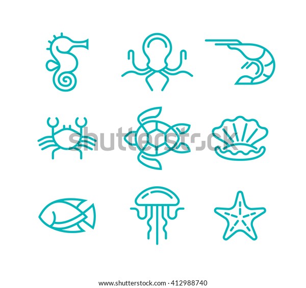 marine life icon set. editable vector file. linear icon with simple and ...