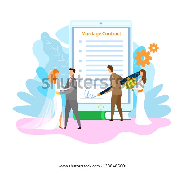Marriage Contract Signing Flat Vector Illustration. Happy Couple ...