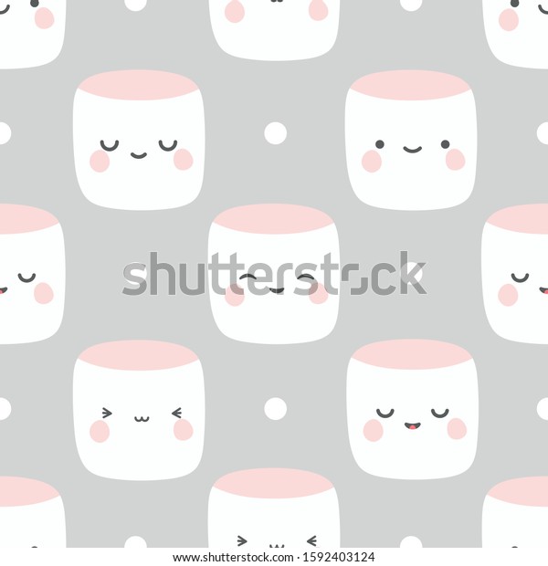 Marshmallow Cute Face Character Seamless Pattern Stock Vector Royalty