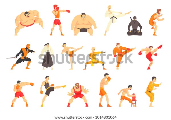 Martial Arts Fighters Demonstrating Different Technique Stock Vector ...