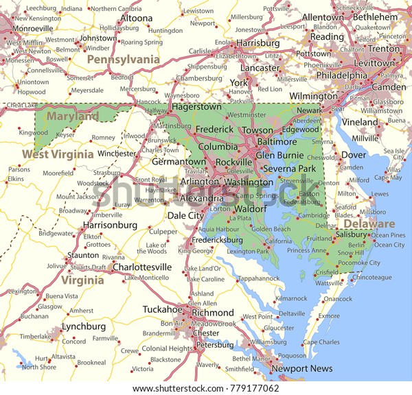 Maryland map. Shows state borders, urban areas, place names, roads and ...