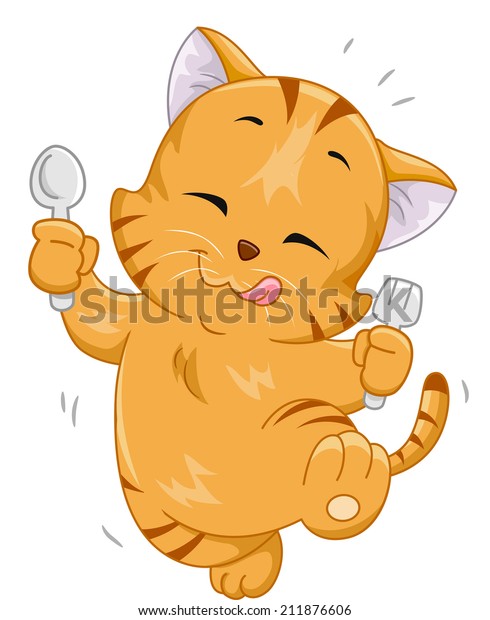 Mascot Illustration Featuring a Hungry Cat Holding a Spoon and Fork