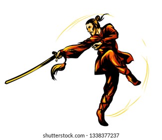 Master Wushu Shaolin Warrior Jump Red Stock Vector (Royalty Free ...