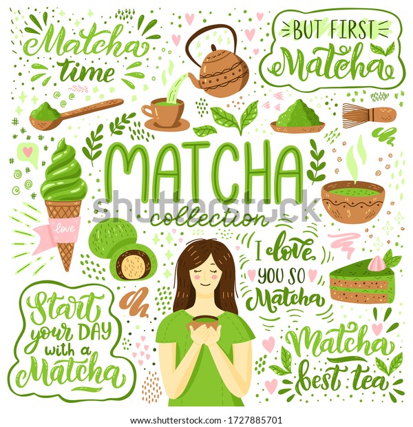 Matcha Green Tea Vector Lettering Set Stock Vector (Royalty Free ...