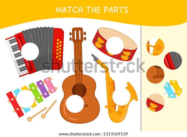 Matching children educational game. Match parts of cartoon musical ...