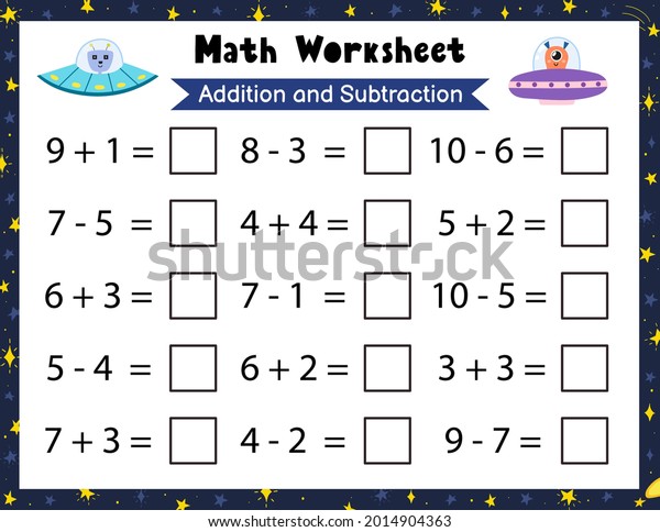 Math Worksheet Kids Addition Subtraction Space Stock Vector (Royalty ...