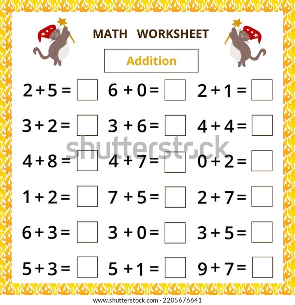 Math Worksheetadditioneducational Card Cartoon Cat Stock Vector ...