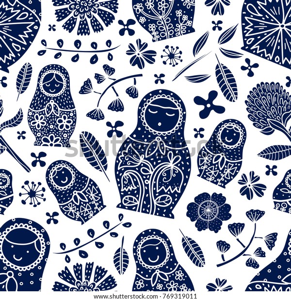 Matryoshka Flowers Cute Babushkaseamless Pattern Can Stock Vector ...