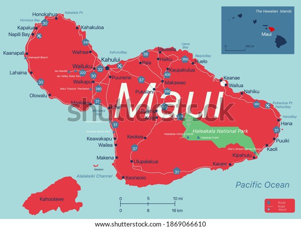 Maui island detailed editable map with with cities and towns ...