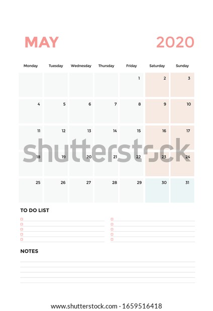 May 2020 Calendar Printable Week Starts Stock Vector (Royalty Free ...