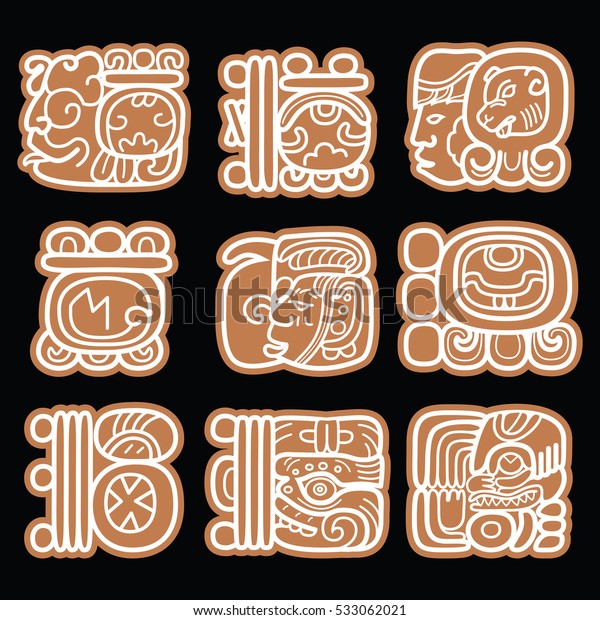 Mayan glyphs, writing system and languge vector design in brown