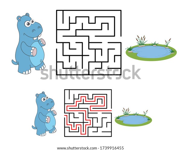Maze Labyrinth Children Cartoon Hippo Lake Stock Vector (Royalty Free ...