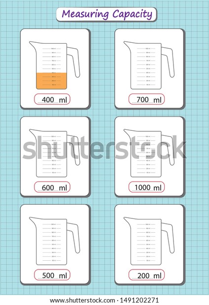 Measuring Capacity Cups Measuring Jugs Worksheet: stockvector ...