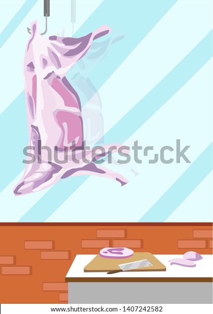 Meat Hanged On Slaughter House Supermarket Stock Vector (Royalty Free ...