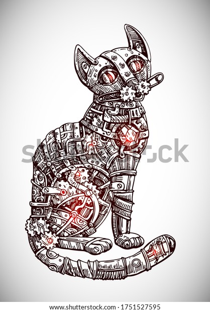 Mechanical Cat Hand Drawn Vector Illustration Stock Vector (Royalty ...