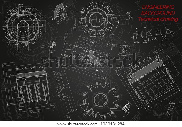 Mechanical Engineering Drawings On Black Background Stock Vector ...