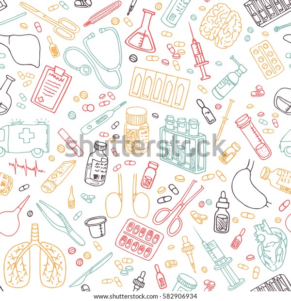 Medicine Doodle Hand Drawn Vector Seamless Stock Vector (Royalty Free ...