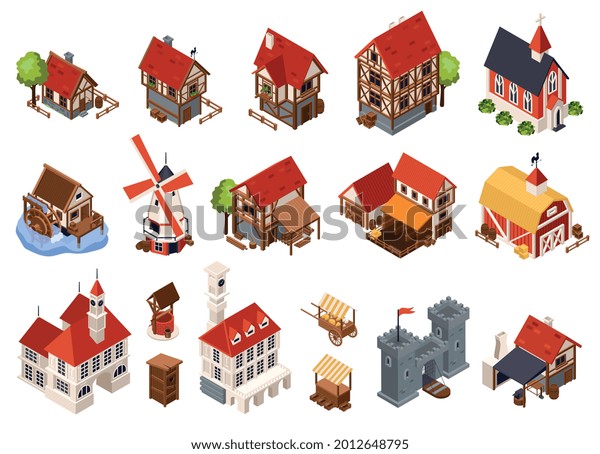 Medieval Architecture Isometric Set Mill Church Stock Vector (Royalty ...
