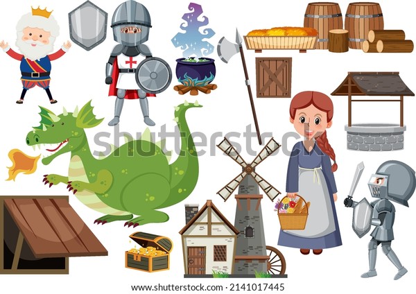 Medieval Characters Buildings Set Illustration 库存矢量图（免版税）2141017445 ...