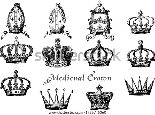 Medieval Crowns Engraved Vector Set Stock Vector (Royalty Free ...