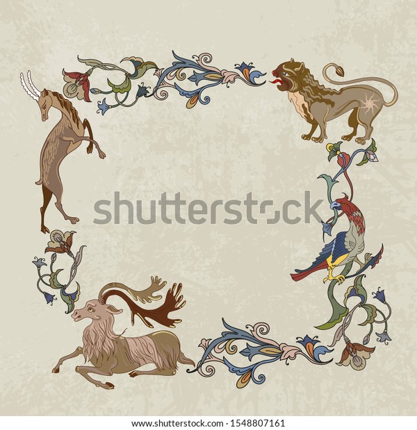 Medieval frame. Middle Ages art. Mythical creatures of the Renaissance ...