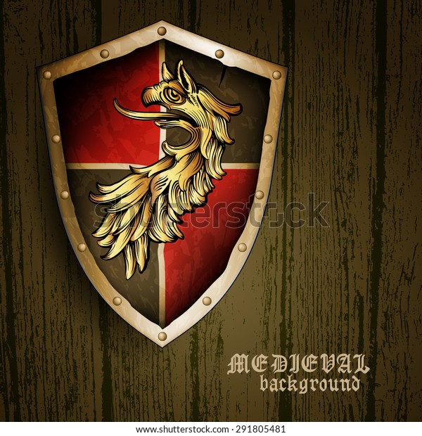 Medieval Heraldic Shield Griffin On Wooden Stock Vector (Royalty Free ...
