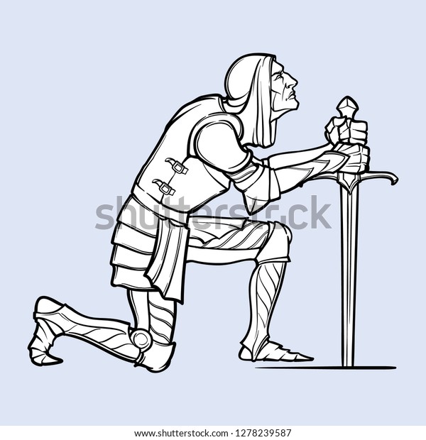 Medieval Knight Kneeling Down Offering His: เวกเตอร์สต็อก (ปลอดค่า ...
